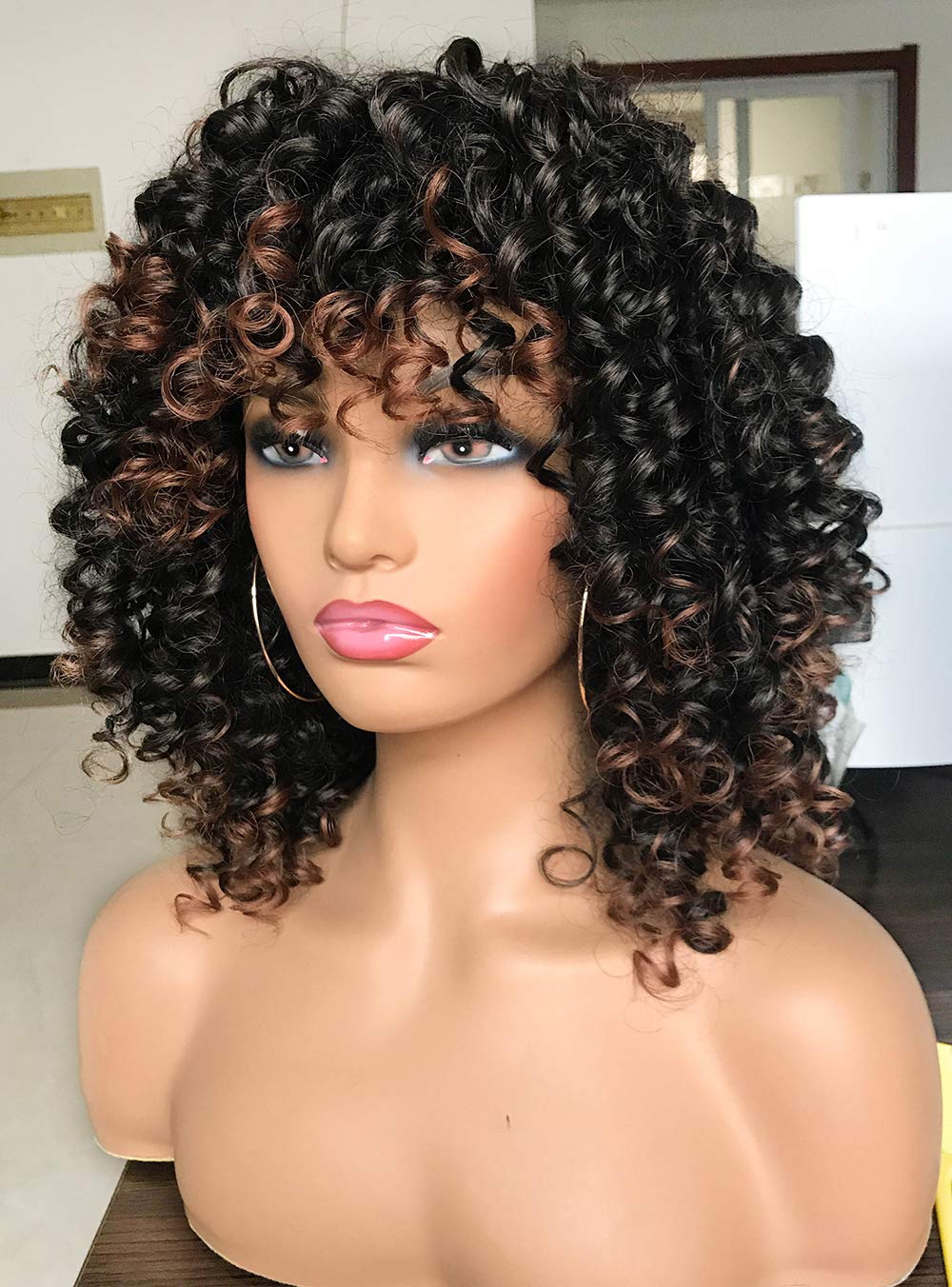 PRETTIEST Afro Curly Wigs Black with Warm Brown Highlights Wigs with Bangs for Black Women Natural Looking for Daily Wear (Ombre Brown)