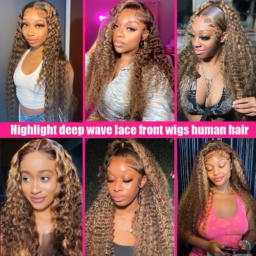 PIBERLO Highlight Ombre Lace Front Wig Human Hair 26 Inch 13X4 Deep Wave Honey Blonde Glueless Pre Plucked HD Lace Frontal Wigs 180% Density Curly Water Wave Wigs