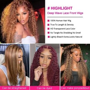 PIBERLO Highlight Ombre Lace Front Wig Human Hair 26 Inch 13X4 Deep Wave Honey Blonde Glueless Pre Plucked HD Lace Frontal Wigs 180% Density Curly Water Wave Wigs