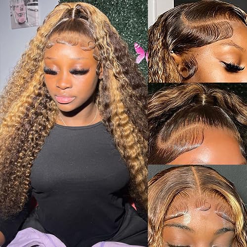 PIBERLO Highlight Ombre Lace Front Wig Human Hair 26 Inch 13X4 Deep Wave Honey Blonde Glueless Pre Plucked HD Lace Frontal Wigs 180% Density Curly Water Wave Wigs