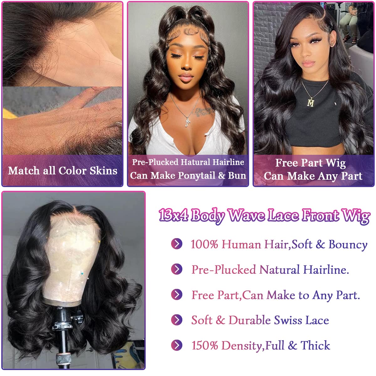 Body Wave Lace Front Wigs Human Hair 13x4 HD Lace Frontal Wigs Human Hair 26 Inch Glueless Wigs 180% Density Brazilian Virgin Human Hair Wigs For Black Women Pre Plucked With Baby Hair Natural Black