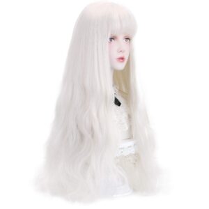 styler long white synthetic wig with bangs - natural long wavy cosplay wigs for women halloween christmas 30" (white)