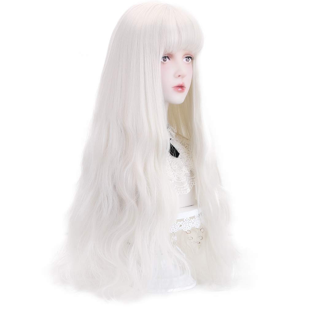 STYLER Long White Synthetic Wig with Bangs - Natural Long Wavy Cosplay Wigs for Women Halloween Christmas 30" (White)