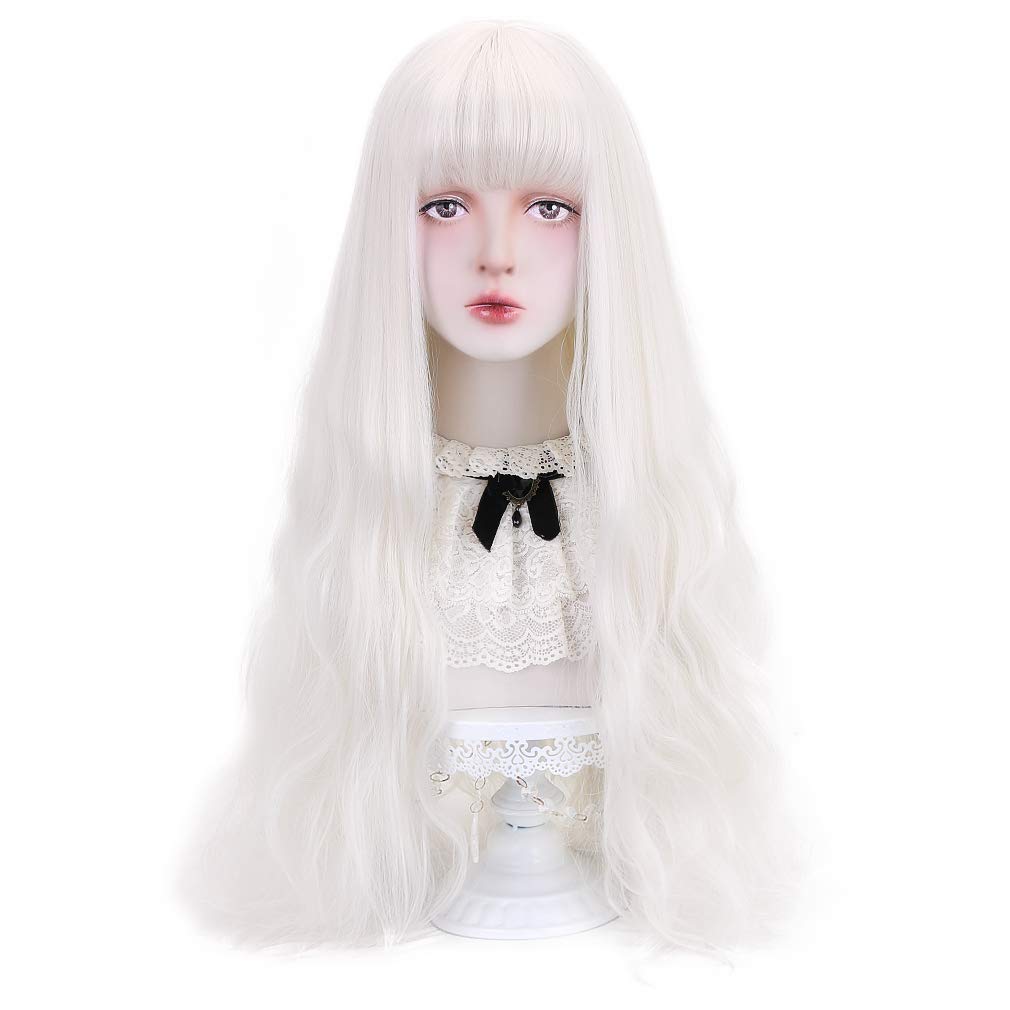 STYLER Long White Synthetic Wig with Bangs - Natural Long Wavy Cosplay Wigs for Women Halloween Christmas 30" (White)