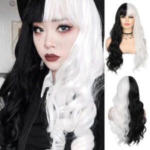 sallcks black white wig long curly wavy split 2 tone wigs with bangs synthetic cosplay costume halloween wigs for women