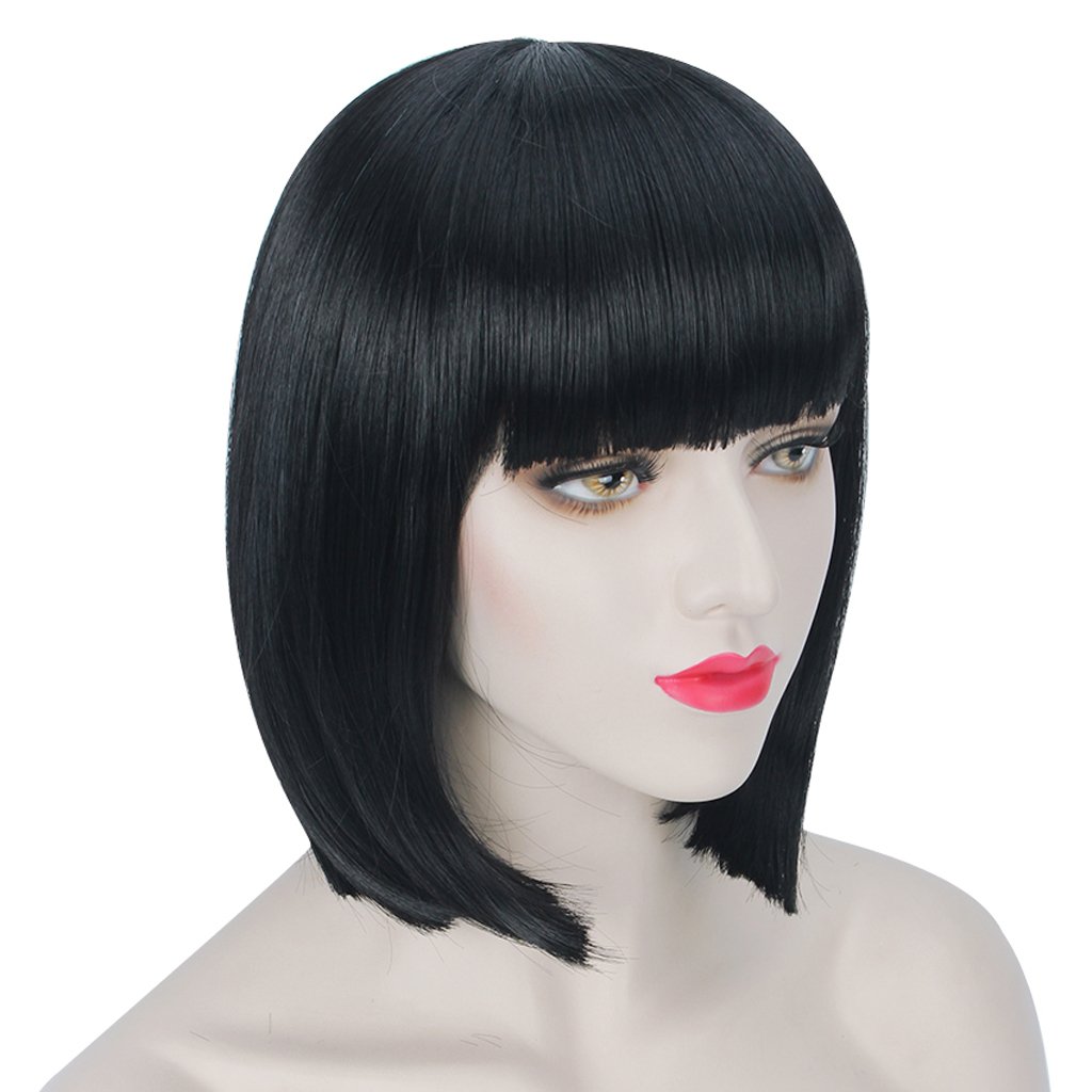 WELLKAGE 14 inches Halloween Party Short Straight Black Bob Hair Wigs