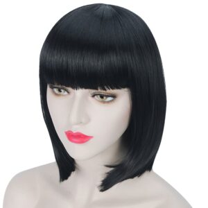 WELLKAGE 14 inches Halloween Party Short Straight Black Bob Hair Wigs