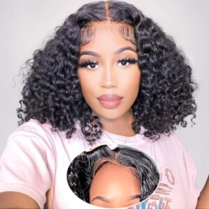 xinjiju ready to go glueless wig short curly bob wigs for black women glueless human hair 6x4 glueless bob wig pre plucked pre cut natural hairline water wave lace front wigs 200% density 12 inch