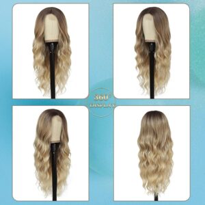 HMHIFI Long Ombre Blonde Wigs for Women 26 inch Long Wavy Middle Part Wig Ombre Blonde Wigs Upgraded Protein Fiber Hair Replacement Wig Cosplay Costume Halloween Wig(26'' Brown Ombre Blonde)