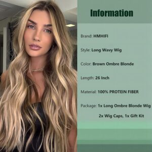 HMHIFI Long Ombre Blonde Wigs for Women 26 inch Long Wavy Middle Part Wig Ombre Blonde Wigs Upgraded Protein Fiber Hair Replacement Wig Cosplay Costume Halloween Wig(26'' Brown Ombre Blonde)