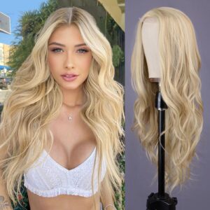 aida ble mixed blonde long wave wig for women -26inch middle part long curly wig heat resistant synthetic hair looking natural, fiber wig for daily party use