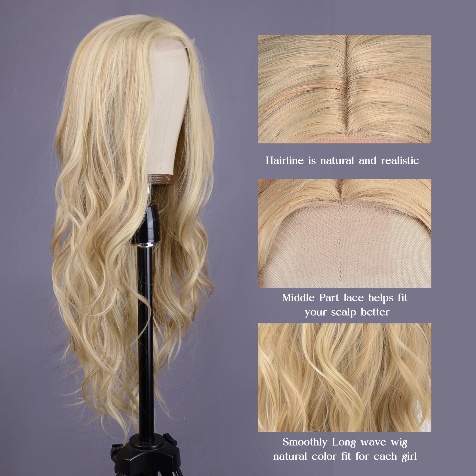 Aida ble Mixed Blonde Long Wave Wig for Women -26inch Middle Part Long Curly Wig Heat Resistant Synthetic Hair Looking Natural, Fiber Wig for Daily Party Use