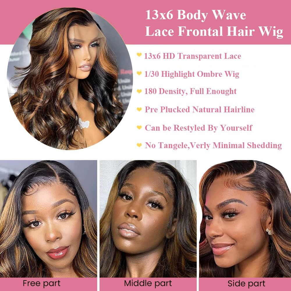 Highlight Ombre Lace Front Wigs 26 Inch 13x6 Body Wave Lace Frontal Wigs Pre Plucked with Baby Hair 1/30 HD Transparent Lace Frontal Wigs 180 Density