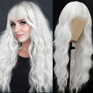 qydeery white wig with bangs for women long wavy wigs synthetic curly wigs for daily party use 26 inch