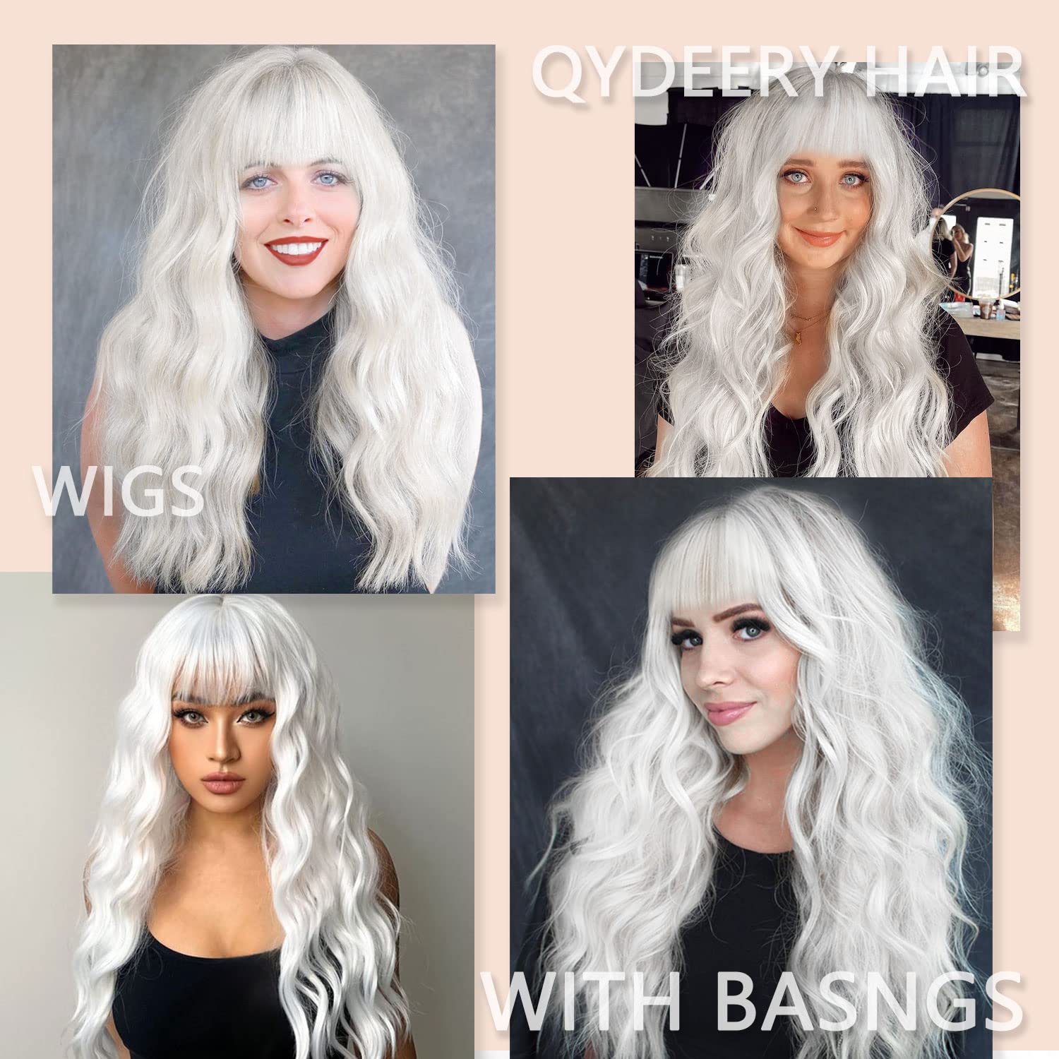 QYDEERY White Wig with Bangs for Women Long Wavy Wigs Synthetic Curly Wigs for Daily Party Use 26 Inch