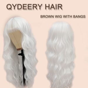 QYDEERY White Wig with Bangs for Women Long Wavy Wigs Synthetic Curly Wigs for Daily Party Use 26 Inch