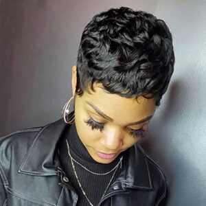 youknowig pixie cut straight short bob wig for black women 100% brazilian human hair full machine made wigs natural black color