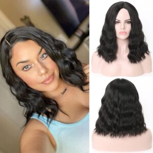 rosa star short wavy black wig, short black bob wigs for women, wavy bob wig synthetic natural looking heat resistant fiber wigs