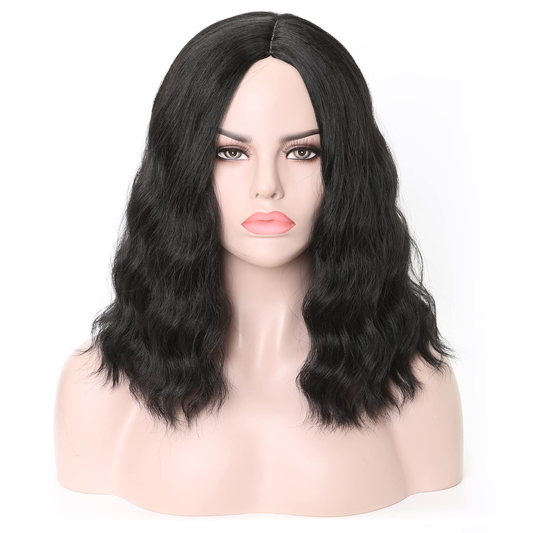 Rosa Star Short Wavy Black Wig, Short Black Bob Wigs for Women, Wavy Bob Wig Synthetic Natural Looking Heat Resistant Fiber Wigs