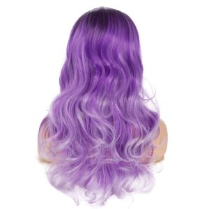 Wiwige Long Curly Wavy Ombre Purple Wigs for Women Synthetic Natural Middle Part Daily Party Halloween Cosplay Wig with Wig Cap 21"