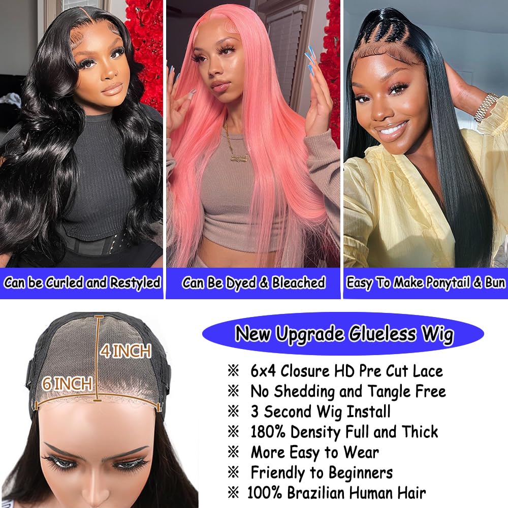 28 Inch Wear and Go Glueless Wigs Human Hair Pre Plucked Pre Cut for Beginners 6x4 HD Lace Closure Wigs Straight Lace Front Wigs Human Hair No Glue Pre Cut 180% Density 3 Seconds to Wear Glueless Wigs