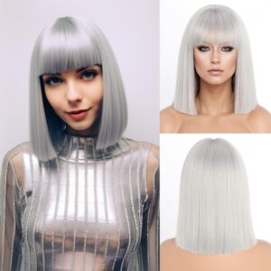 bestung short silver bob wigs with bangs,short straight bob silver wigs for women hair bob cut wig shoulder length wig,natural looking cosplay daily party wig halloween(12inch)