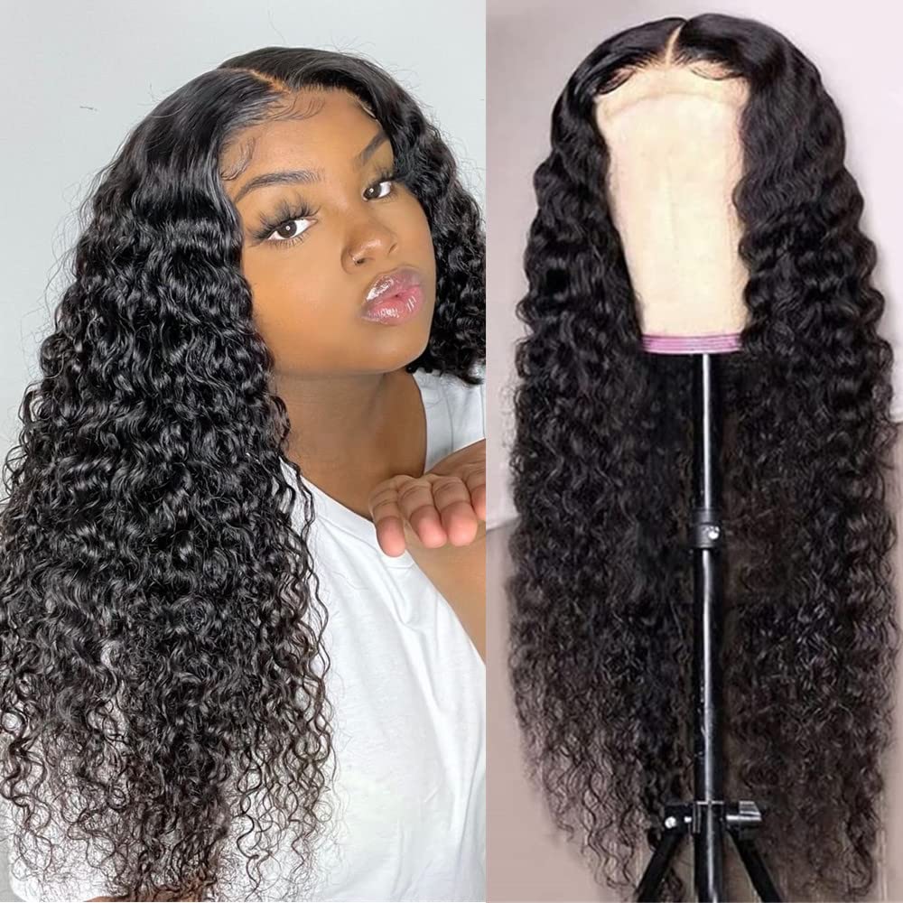 Josblue 4x4 Deep Wave Lace Closure Wigs Human Hair for Black Women Curly Human Hair Wigs Glueless Wigs Human Hair Pre Plucked Deep Wave Peruvian Virgin Wet and Wavy Human Hair Wigs 150% Density