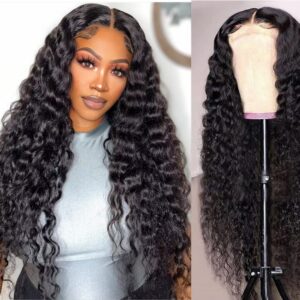 Josblue 4x4 Deep Wave Lace Closure Wigs Human Hair for Black Women Curly Human Hair Wigs Glueless Wigs Human Hair Pre Plucked Deep Wave Peruvian Virgin Wet and Wavy Human Hair Wigs 150% Density