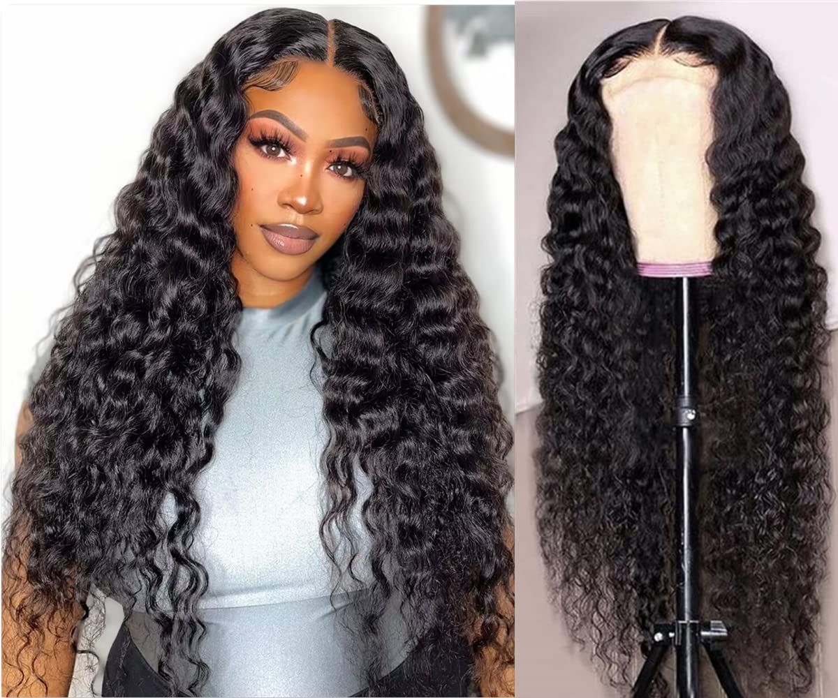 Josblue 4x4 Deep Wave Lace Closure Wigs Human Hair for Black Women Curly Human Hair Wigs Glueless Wigs Human Hair Pre Plucked Deep Wave Peruvian Virgin Wet and Wavy Human Hair Wigs 150% Density