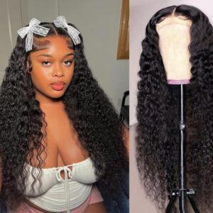 Josblue 4x4 Deep Wave Lace Closure Wigs Human Hair for Black Women Curly Human Hair Wigs Glueless Wigs Human Hair Pre Plucked Deep Wave Peruvian Virgin Wet and Wavy Human Hair Wigs 150% Density