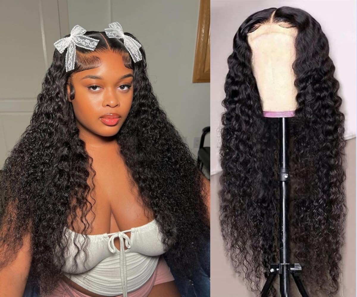 Josblue 4x4 Deep Wave Lace Closure Wigs Human Hair for Black Women Curly Human Hair Wigs Glueless Wigs Human Hair Pre Plucked Deep Wave Peruvian Virgin Wet and Wavy Human Hair Wigs 150% Density