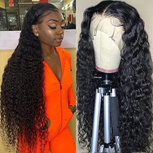 kropan 30 inch water wave lace front wigs human hair brazilian virgin human hair 13x4 lace frontal wig 180% density pre plucked with baby hair natural black wigs