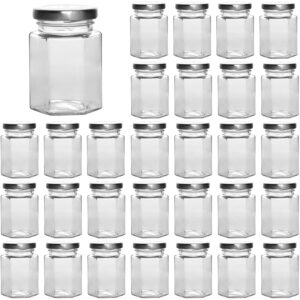 accguan hexagon glass jars, 30 pcs 4 oz glass jars with silver lids, mason jars for jam, jelly, honey, gifts, crafts, wedding, spice, dry goods and more