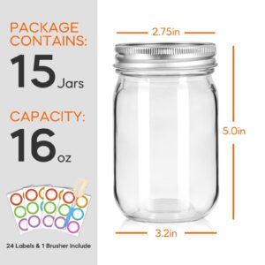 Mcupper Mason Jars 16 oz with Lids and Bands, 15 Pack Regular Mouth Canning Jars, Clear Glass Jars for Canning, Food Storage and Fermenting, Labels & Brusher Included - Microwave & Dishwasher Safe