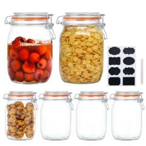 encheng glass jars 32oz,airtight glass food storage jar with clamp lid,1000ml rounded airtight canister with leak proof rubber gasket,clear glass kitchen jars for dry food,cereal,beans,6 pack