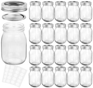 kamota mason jars 12 oz with regular lids and bands, ideal for jam, honey, wedding favors, shower favors, diy spice jars, 20 pack, 30 whiteboard labels included