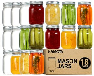 kamota mason jars 16 oz with regular lids and bands, ideal for jam, honey, wedding favors, shower favors,diy spice jars, 18 pack, 20 whiteboard labels included