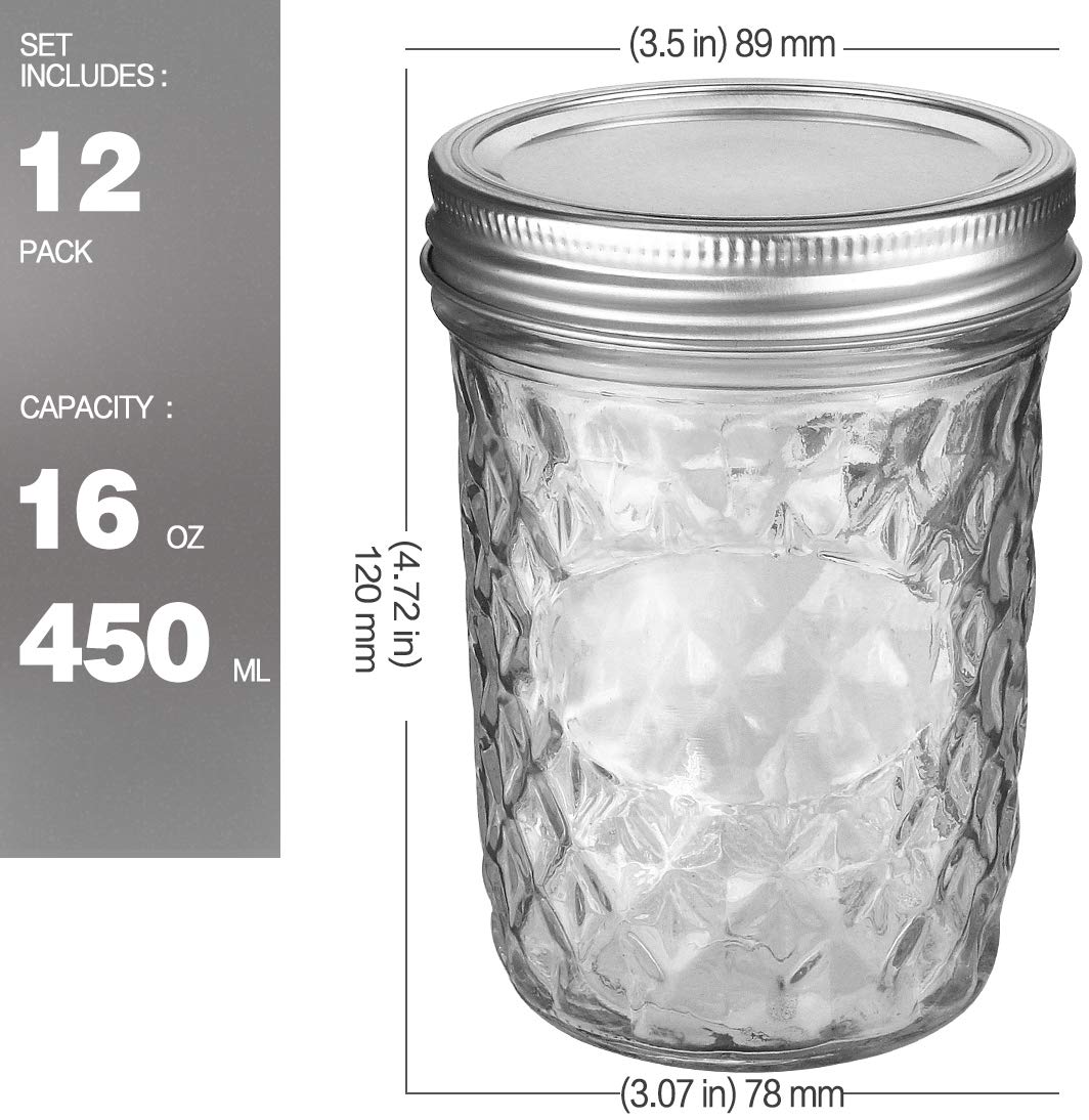 VERONES Wide Mouth Mason Jars 16oz, 12 Pack 16 oz Wide Mouth Mason Jars with Lids and Bands, Ideal for Jam, Honey, Wedding Favors, Shower Favors