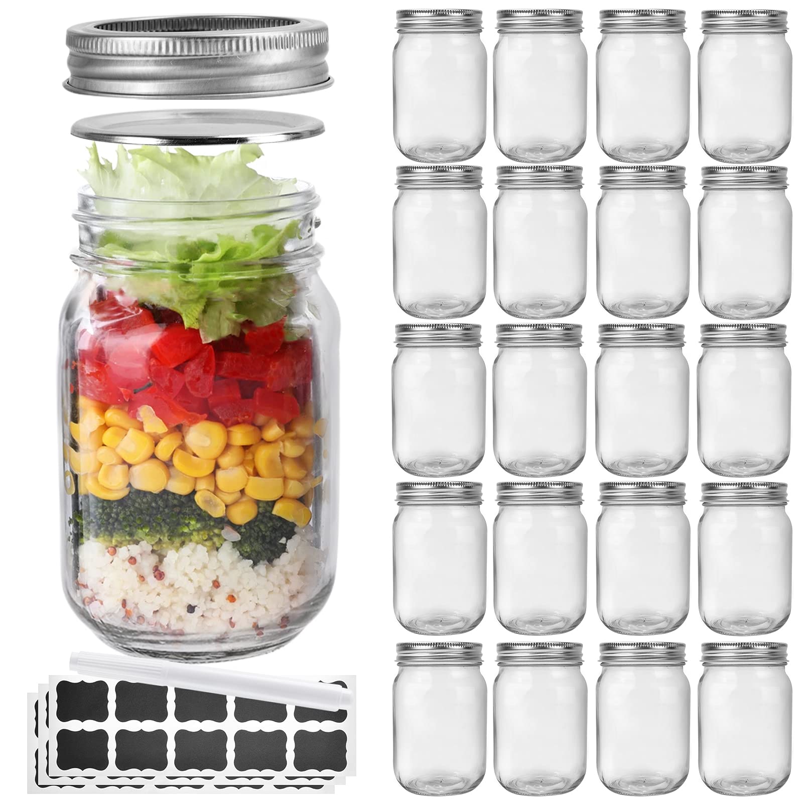 20 Pack Glass Mason Jars, 12 oz Clear Glass Jars with Regular Mouth and Silver Metal lids, Canning Jars for Food Storage, Vegetables and Dry Food, Includes 30 Black Labels