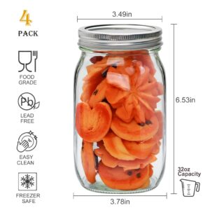 Woaiwo-q Wide Mouth Mason Jars Set, 32oz Clear Glass Jars 4-Pack for Storage, Overnight Oats, Snacks, Jam or Jelly,Canning,Fermenting,Pickling,DIY Projects…