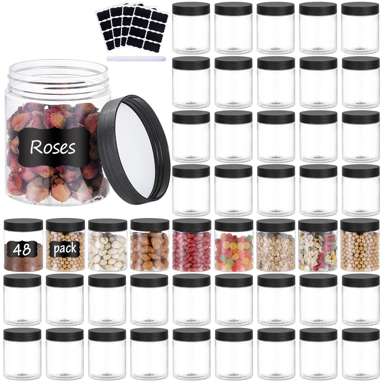 OUSHINAN 48PCS 8OZ Plastic Jars with Screw On Lids, Pen and Labels Refillable Empty Round Slime Cosmetics Containers for Storing Dry Food, Makeup, Slime, Honey Jam, Cream, Butter, Lotion