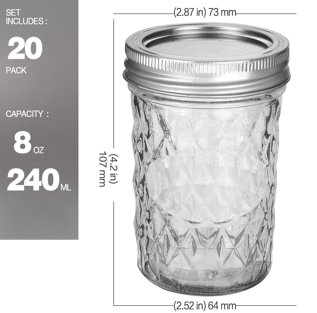 VERONES Mason Jars 8OZ, 8 OZ Canning Jars Jelly Jars with Regular Lids and Bands, Ideal for Jam, Honey, Wedding Favors, Shower Favors, 20 Pack,Extra 20 Lids