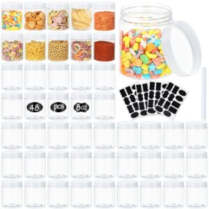 jars with lids, 48pcs 8 oz plastic containers with lids pen labels leak proof bpa free airtight refillable clear small containers storage jars for storing dry food makeup slime honey jam (8oz white