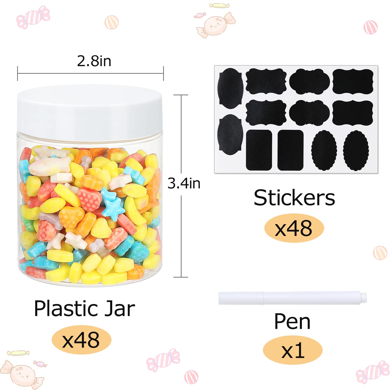 Jars with Lids, 48pcs 8 oz Plastic Containers with Lids Pen Labels Leak Proof BPA Free Airtight Refillable Clear Small Containers Storage Jars for Storing Dry Food Makeup Slime Honey Jam (8oz White