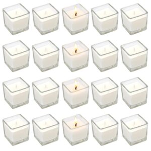 kingyo 20 pack white unscented votive candles in clear square glass jar - 10 hour burn time - perfect for wedding receptions, christmas, party favors & more