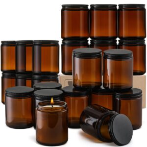 24 pack, 8 oz thick amber round glass jars with black metal lids - empty candle making jar, food storage containers, canning / mason jar for spice, powder, liquid, sample - leakproof & dishwasher safe