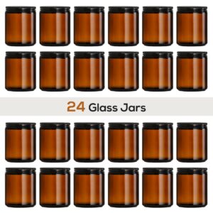 24 Pack, 8 OZ Thick Amber Round Glass Jars with Black Metal Lids - Empty Candle Making Jar, Food Storage Containers, Canning / Mason Jar For Spice, Powder, Liquid, Sample - Leakproof & Dishwasher Safe