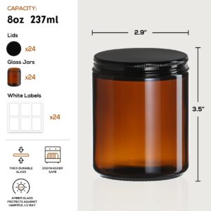 24 Pack, 8 OZ Thick Amber Round Glass Jars with Black Metal Lids - Empty Candle Making Jar, Food Storage Containers, Canning / Mason Jar For Spice, Powder, Liquid, Sample - Leakproof & Dishwasher Safe