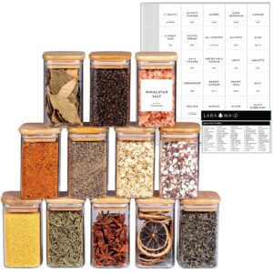 laramaid 9oz 12packs glass jars set with minimalist spice labels, square spice jars with bamboo lids and white vinyl customized sticker labels, food storage container canisters