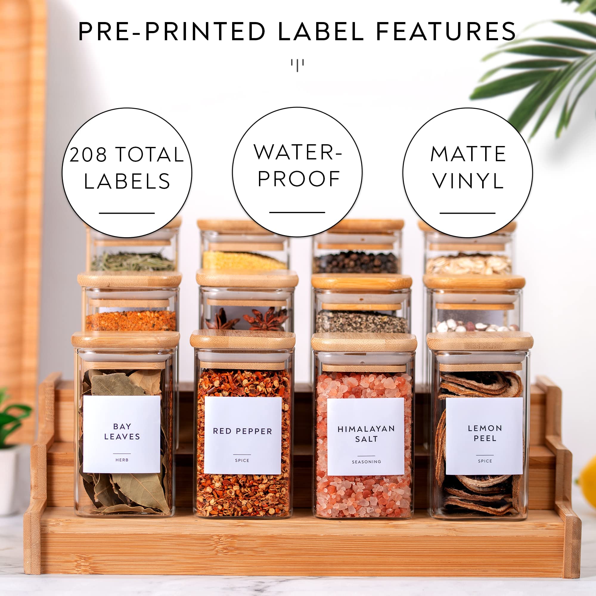 Laramaid 9oz 12Packs Glass Jars Set with Minimalist Spice Labels, Square Spice Jars with Bamboo Lids and White Vinyl Customized Sticker Labels, Food Storage Container Canisters